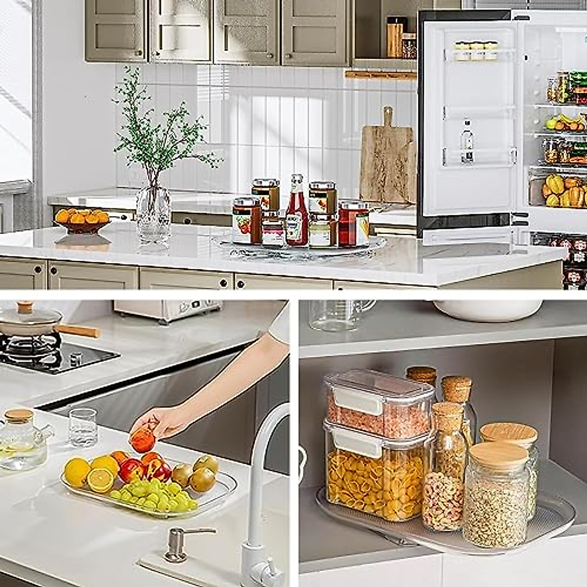 Square Lazy Susan for Refrigerator,Rectangular Fridge Turntable Lazy Susan Organizer,Countertop Condiment Storage Rack, for Cabinet, Table, Pantry, Kitchen (Large)