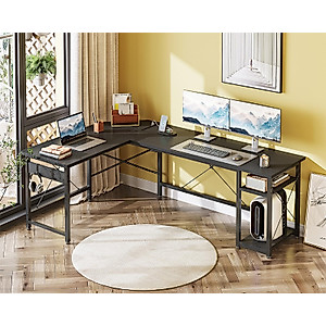Coleshome L Shaped Computer Desk 66" with Power Outlet & Storage Shelves, Corner Sturdy Writing Desk Workstation, Modern Wooden Office Gaming Desk, Wood & Metal, Black