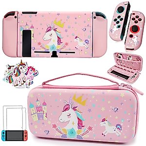 Pink Unicorn Carrying Case Compatible with Nintendo Switch (NOT OLED or LITE) with Dockable Protective Grip Case+Screen Protector+Unicorn Stickers, Hard Storage Case Accessories Kit for Girls Gifts