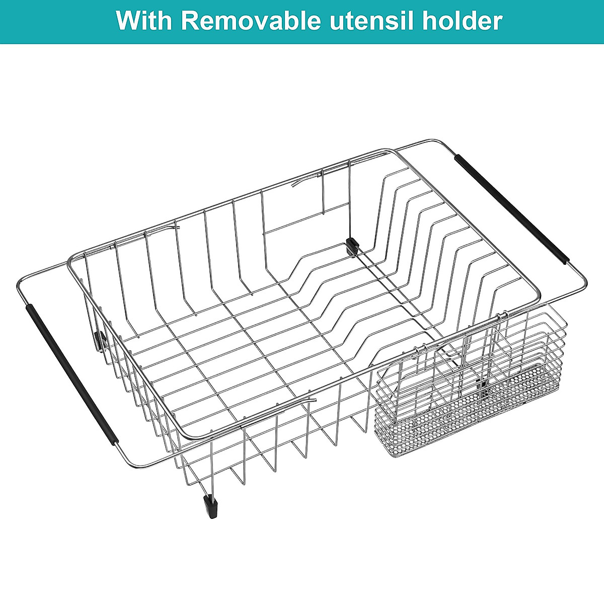iPEGTOP Expandable Deep Large Dish Drying Rack and Utensil Cutlery Holder, Rustproof Stainless Steel Over Sink Dish Rack Basket Shelf, Dish Drainer in Sink or On Counter