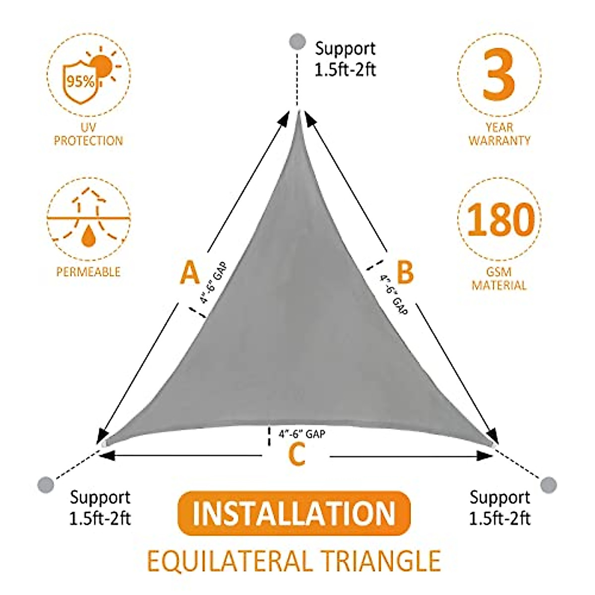 GOTGELIF Triangle Sun Shade Sail Canopy 12' x 12' x 12' UV Block 180GSM Sunshade Cover Protection Awning for Patio Outdoor Garden Backyard Activities (Gray)