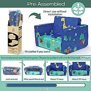 ACRABROS-Toddler-Kids-Couch-Toddler-Chairs-for-Boys-Girls 2 in 1 Baby Sofa Fold Out to Lounger, Pre-Assembled, Soft Plush Kids Furniture for Playroom Bedroom,Dinosaur.