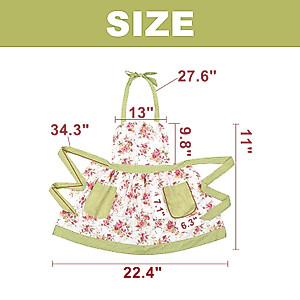 Surblue Kitchen Aprons for Women with 2 Pockets, Organic Cotton, Extra-Long Tie, Heavy Duty Bib Aprons for Cooking, Baking, BBQ, Gardening, Style Diana, Floral Green, Adult
