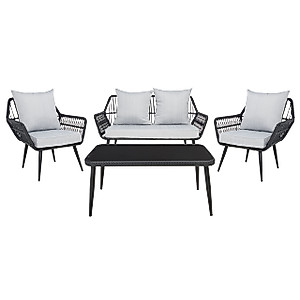 SAFAVIEH PAT9029A Outdoor Collection Elsbeth Black/Grey 4-Piece Conversation Patio Set