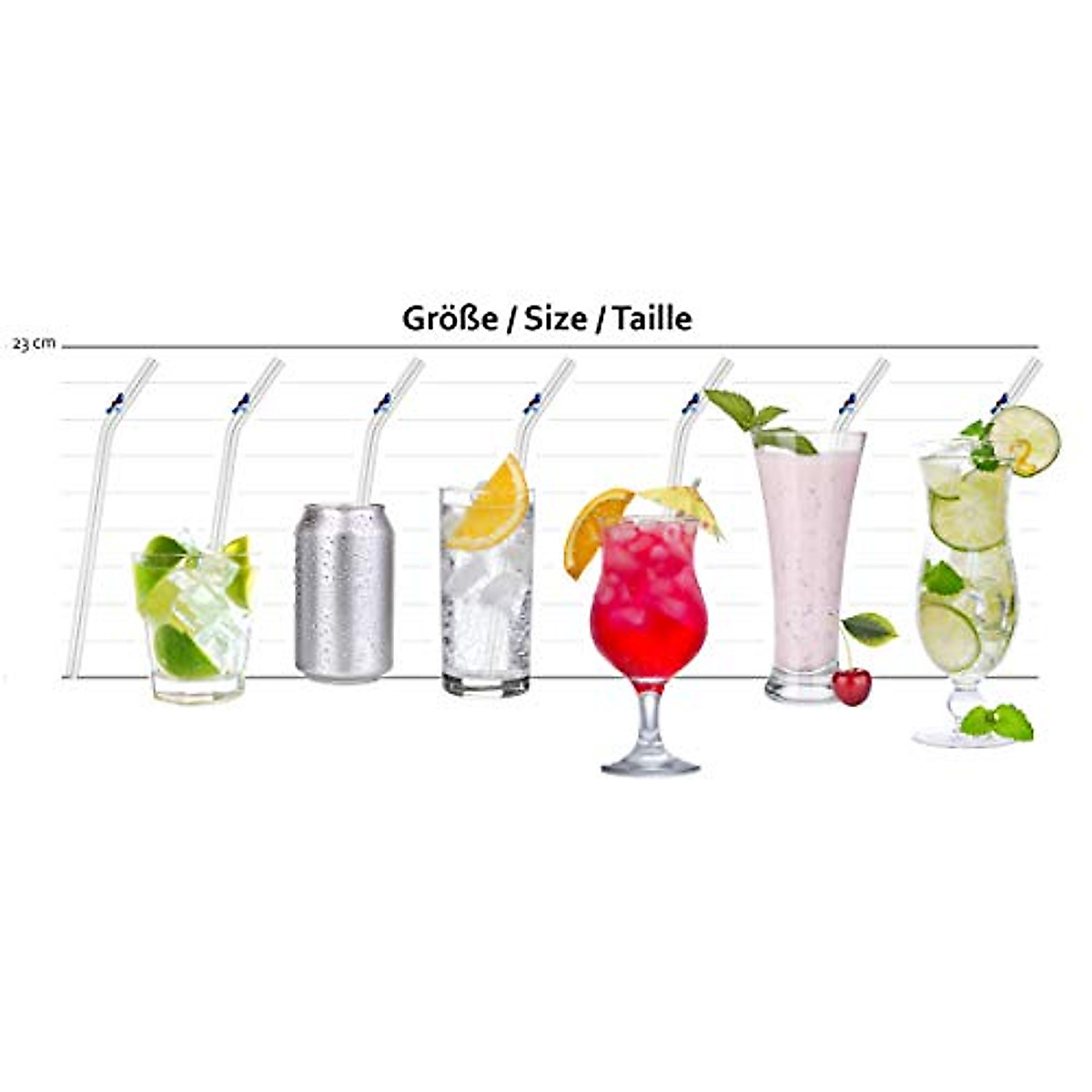 STRAWGRACE Handmade Glass Straws with Coloured Blossoms, Bent - independently tested in DE - Set of 5 with Cleaning Brush - Glass Drinking Straws, Ideal for Cocktail, Smoothie etc - 23 cm x 8 mm