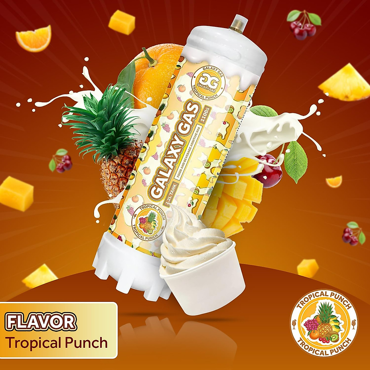 Galaxy Gas Tropical Punch Flavor, Whipped Cream Dispenser Cartridge Tank, Nitrous Oxide 2.2L 1100 Gram, Whipped Cream Tank, N2O Charger Tank, 1 Cylinder