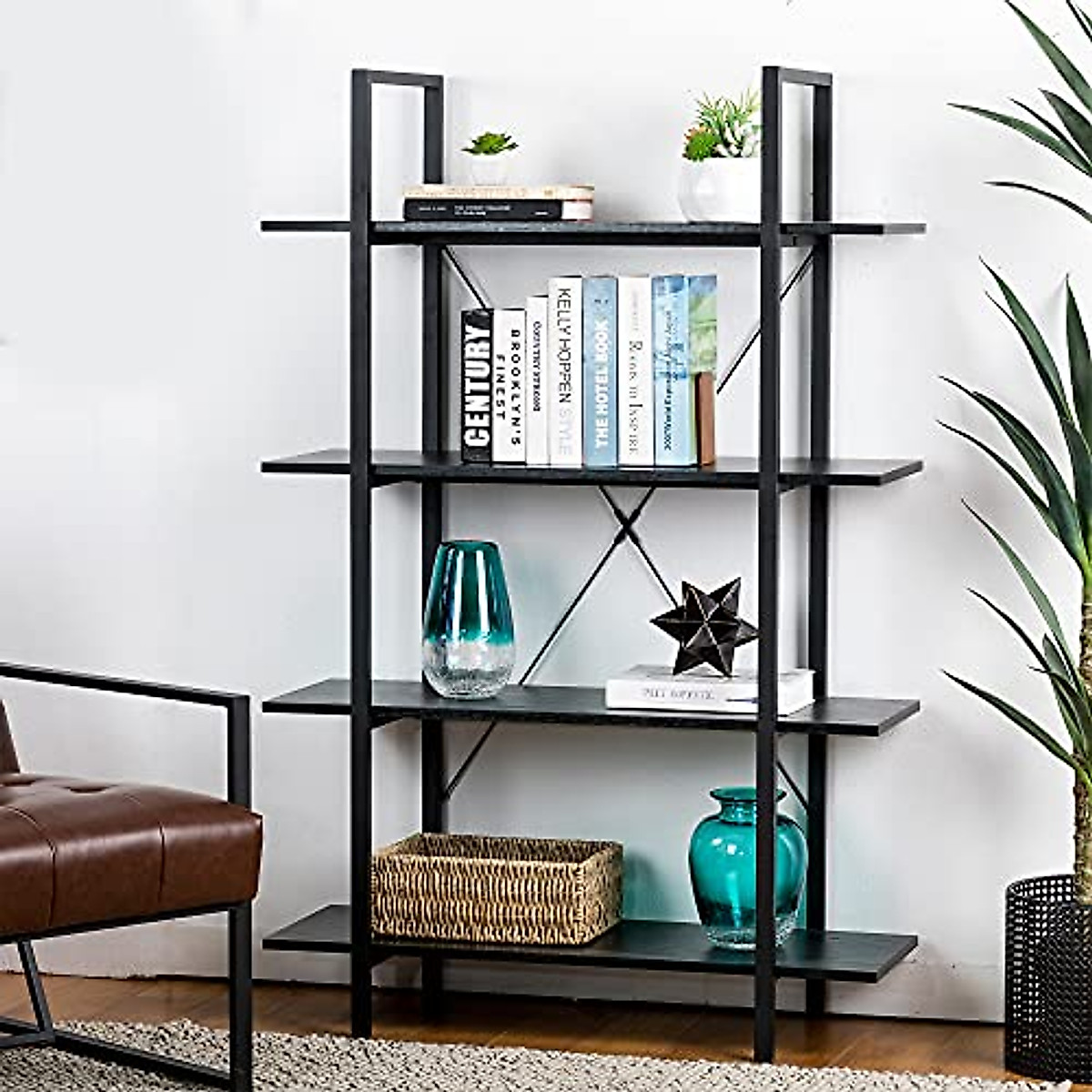 glitzhome Wooden Industrial Bookcase 4 Shelf Bookshelf Rustic Open Shelf Vintage Wood and Metal Etagere Bookcase Black Heavy Duty Bookshelf Low Office Display Bookshelves Short Farmhouse Shelves