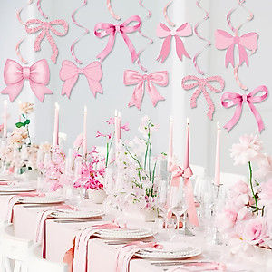Pink Bow Party Hanging Swirls Decorations, Girl Bow Theme Birthday Party Decortions, Coquette Birthday Party Bow Party Decorations for Bow Birthday Baby Shower Bridal Shower Bachelorette Party Decor