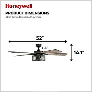 Honeywell Ceiling Fans Carnegie, 52 Inch Industrial Style Indoor LED Ceiling Fan with Light, Remote Control, Dual Mounting Options, 5 Dual Finish Blades, Reversible Airflow - 50614-01 (Matte Black)