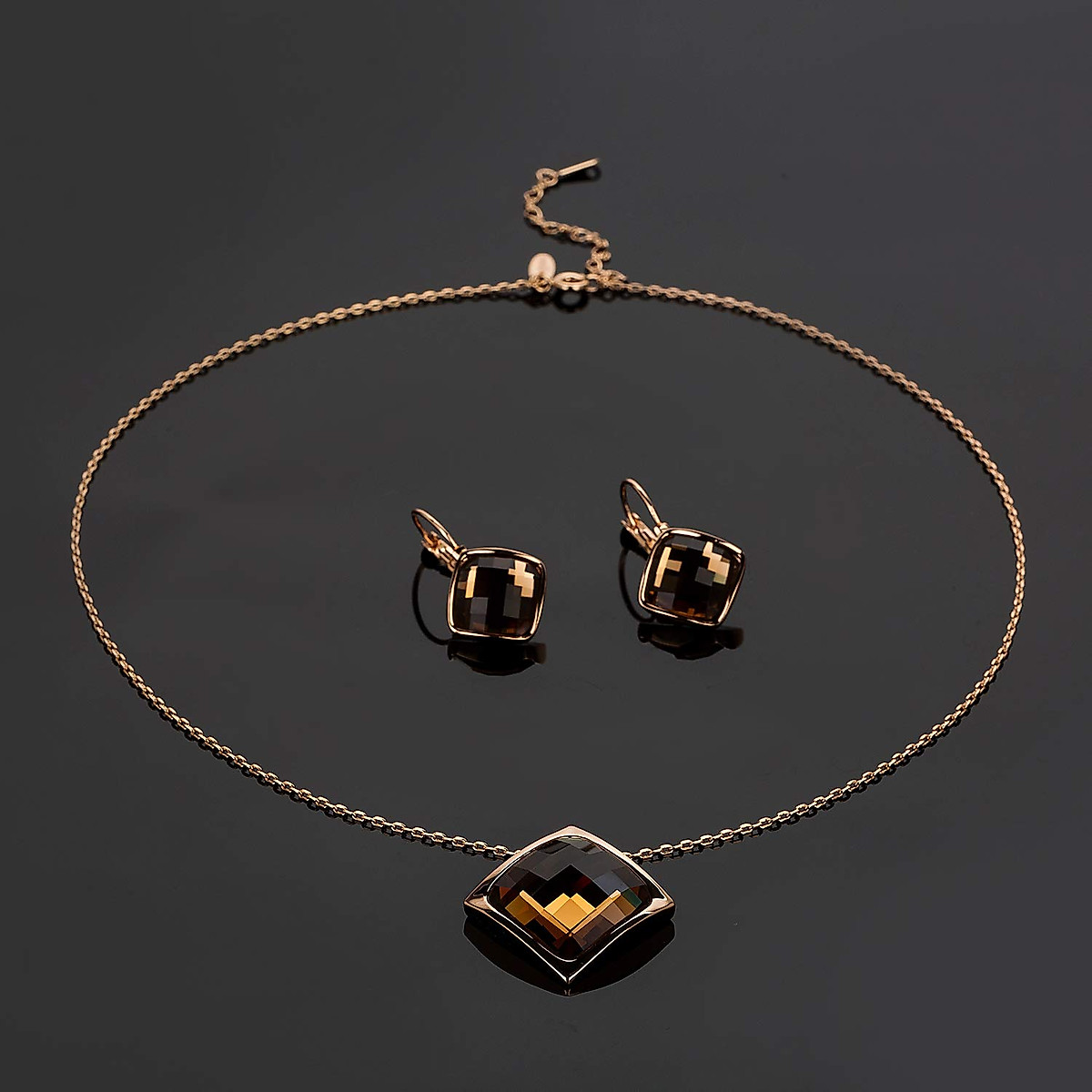 EVEVIC Square Austrian Crystal Necklace Earrings Set for Women 18K Gold Plated Jewelry Set (Brown)