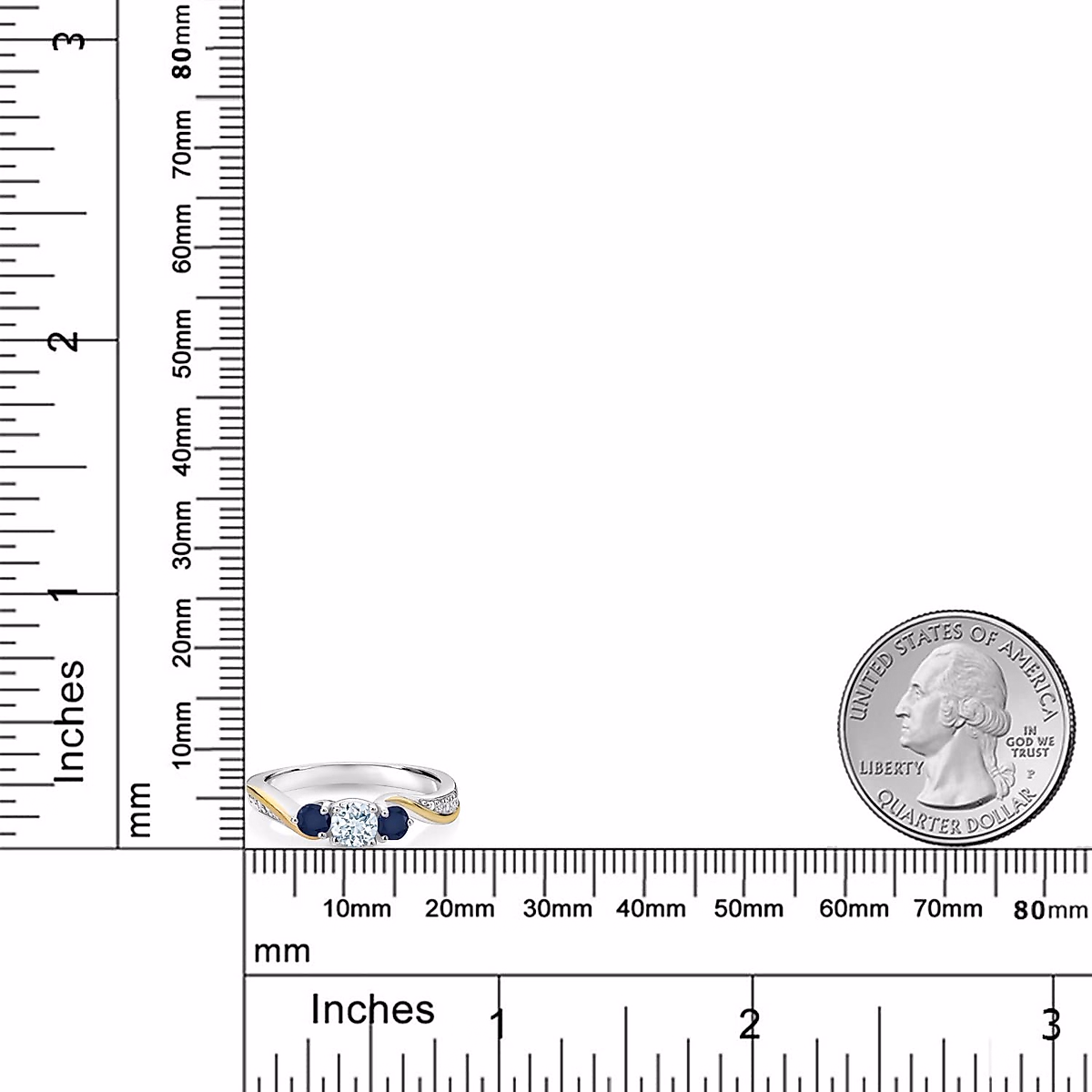 925 Silver and 10K Yellow Gold Sky Blue Aquamarine Blue Sapphire and White Lab Grown Diamond 3 Stone Engagement Ring For Women (0.58 Cttw, March Birthstone, Available In Size 5, 6, 7, 8, 9)