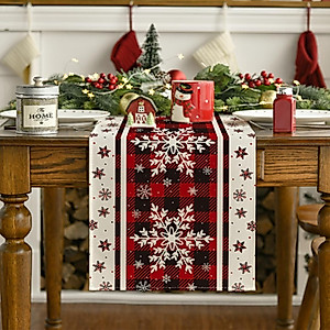 Niviy Snowflakes Christmas Table Runner with Buffalo Plaid, Winter Xmas Holiday Kitchen Dining Table Decoration for Indoor Outdoor Home Party Decor 13 x 72