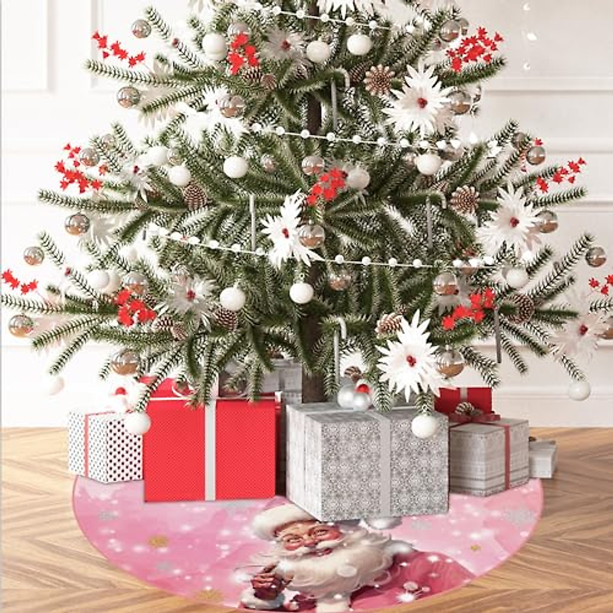 Christmas Tree Skirt Pink Tree Skirt Santa Claus Merry Christmas Tree Xmas Winter Tree Skirt 60 Inch for Pink Christmas Indoor Outdoor Decorations