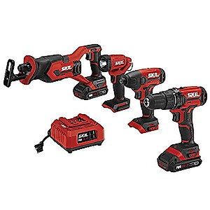 SKIL 4-Tool Kit: 20V Cordless Drill Driver, Impact Driver, Reciprocating Saw and LED Spotlight, Includes Two 2.0Ah Lithium Batteries and One Charger - CB739601, White