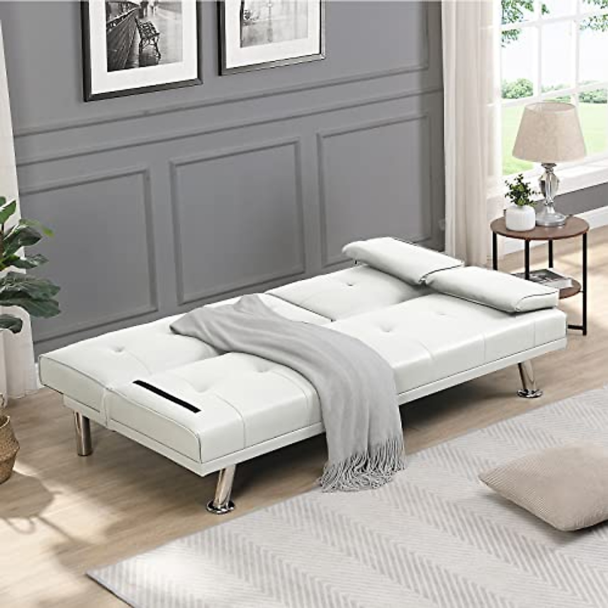 Antetek Futon Sofa Bed, Modern Convertible Upholstered Faux Leather Loveseat Sleeper Sofa Couch w/5 Adjustable Positions, Cup Holder for Living Room, Bedroom, Studio, Office, White