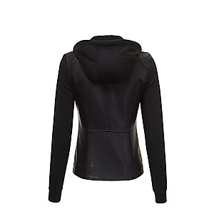 Lock and Love LL WJC1347 Womens Faux Leather Zip Up Moto Biker Jacket with Hoodie XL Black_Black