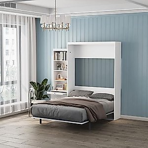 HBRR Full Size Vertical Murphy Chest with Storage Shelf & Drawers, Space-Saving Wall Multipurpose Room, Versatile Cabinet Folding, Hidden Bed Gas Struts, White