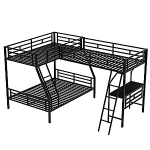 L-Shaped Metal Triple Bunk Bed for 3, Twin Over Full Bunk Bed with a Twin Size Loft Bed Attached, with a Desk, 3 Beds Bunk Bed Frame for Kids Teens Adults - Black