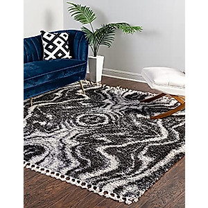 Unique Loom Hygge Shag Collection Area Rug - Valley (7' 10" Square, Black and White/Gray)