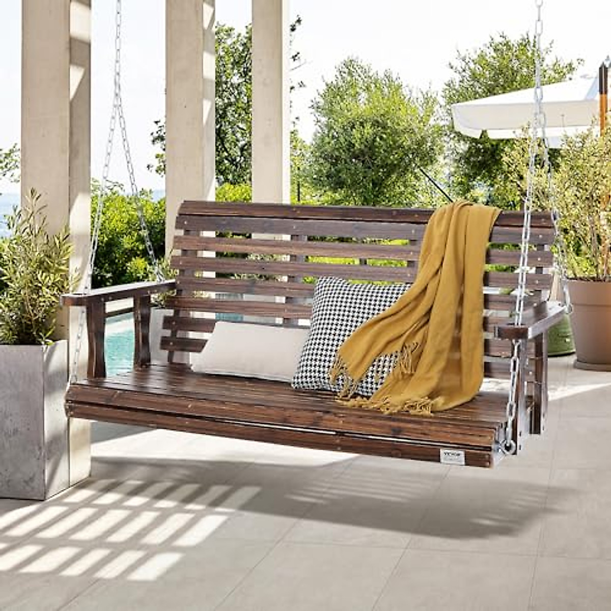 VEVOR Wooden Porch Swing 4.5 ft, Patio Bench Swing for Courtyard & Garden, Upgraded 880 lbs Strong Load Capacity, Heavy Duty Swing Chair Bench with Hanging Chains for Outdoors, Carbonized Brown
