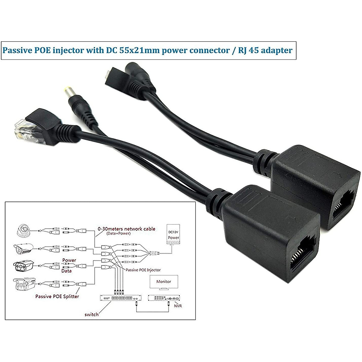 HUACAM Passive POE Injector and POE Splitter Kit with 5.5 x 2.1 mm DC Male and Female Power Adapter Connector POE Separator for RJ45 Power Over Ethernet (1 Pair)