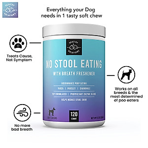 Deterrent for Dogs Eating Poop - Coprophagia No Poo Chews Prevent Dog from Eating Stool - Chew Enhanced with Breath Freshener, Enzymes, & Probiotics to Help Ease and Stop This Nasty Habit | 120ct