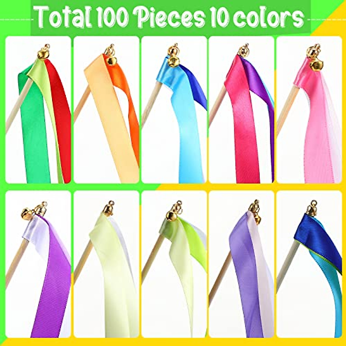 100 Pieces Mix Color Ribbon Sticks Wedding Party Streamers Fairy Wand Chromatic Silk Ribbon and Bell Wands Multicolor Hand Held Ribbons for Dance Wedding Party Celebration Holiday Activities