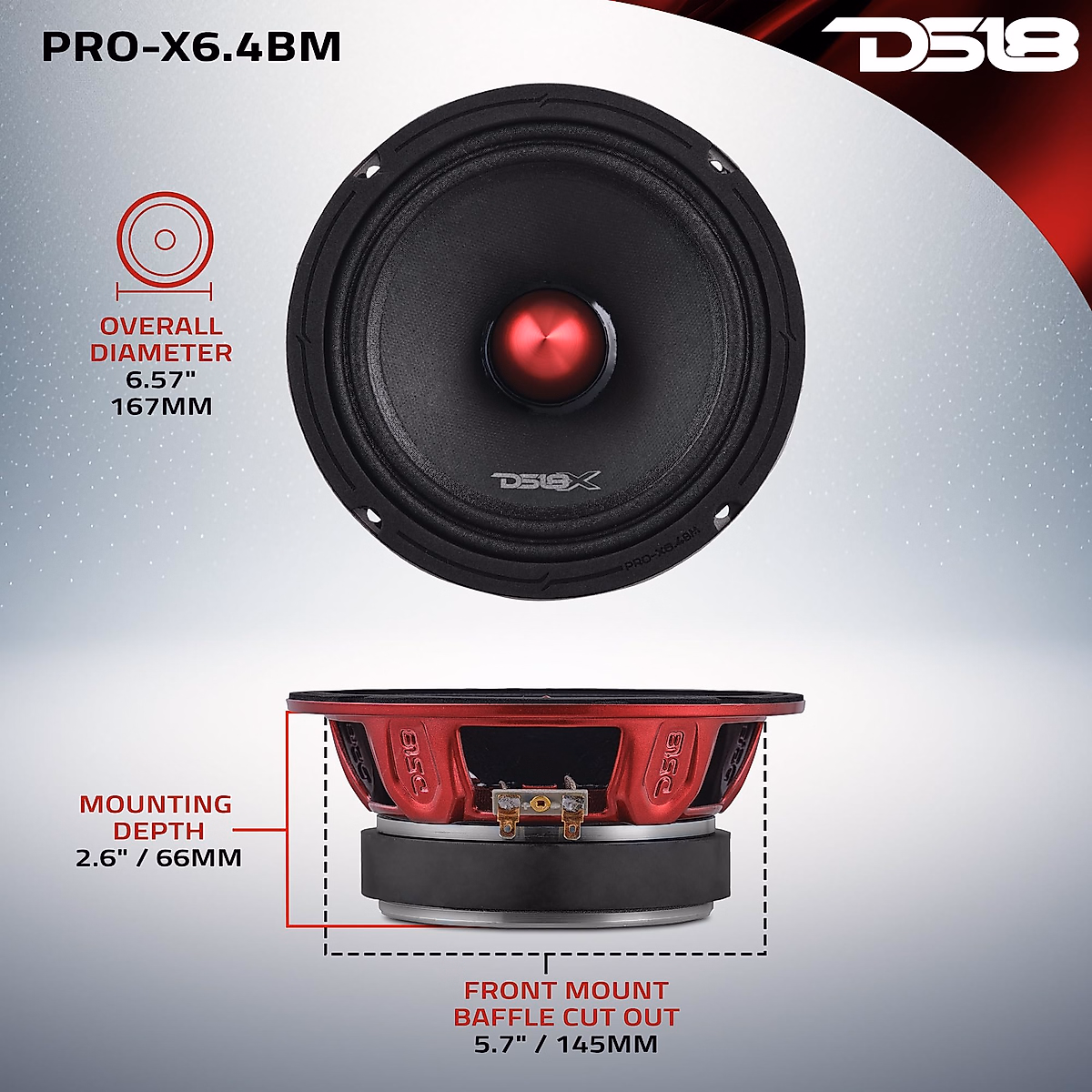 DS18 PRO-X6.4BM Loudspeaker - Pair of 6.5", Midrange, Red Aluminum Bullet, 500W Max, 250W RMS, 4 Ohms - Premium Quality Audio Door Speakers for Car or Truck Stereo Sound System (2 Speaker)