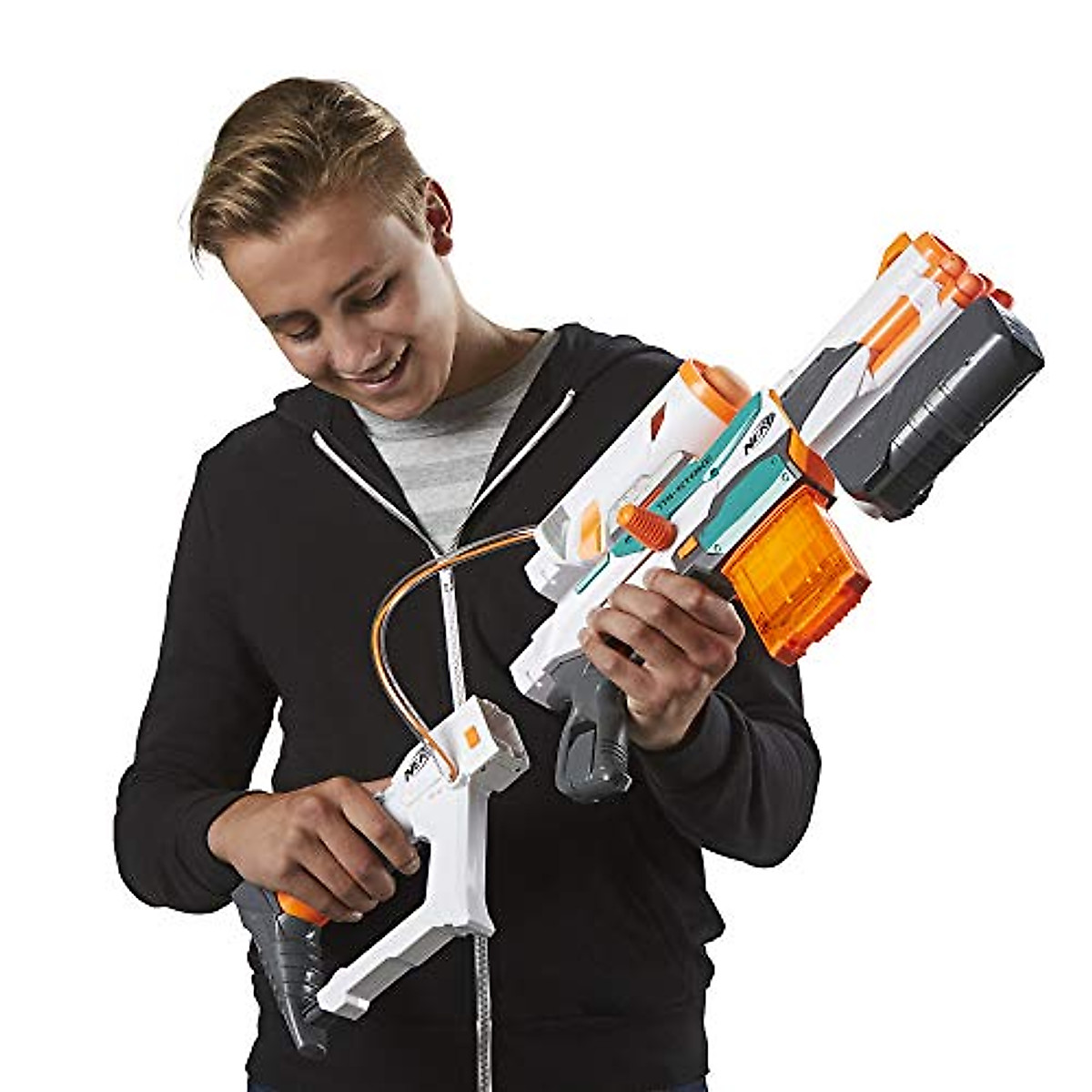 Nerf Modulus Tri-Strike Blaster, Mega Barrel, Rocket Launcher, Clip, 10 Elite Darts, 4 Mega Darts, 1 Rocket, Kids Outdoor Games (Amazon Exclusive)