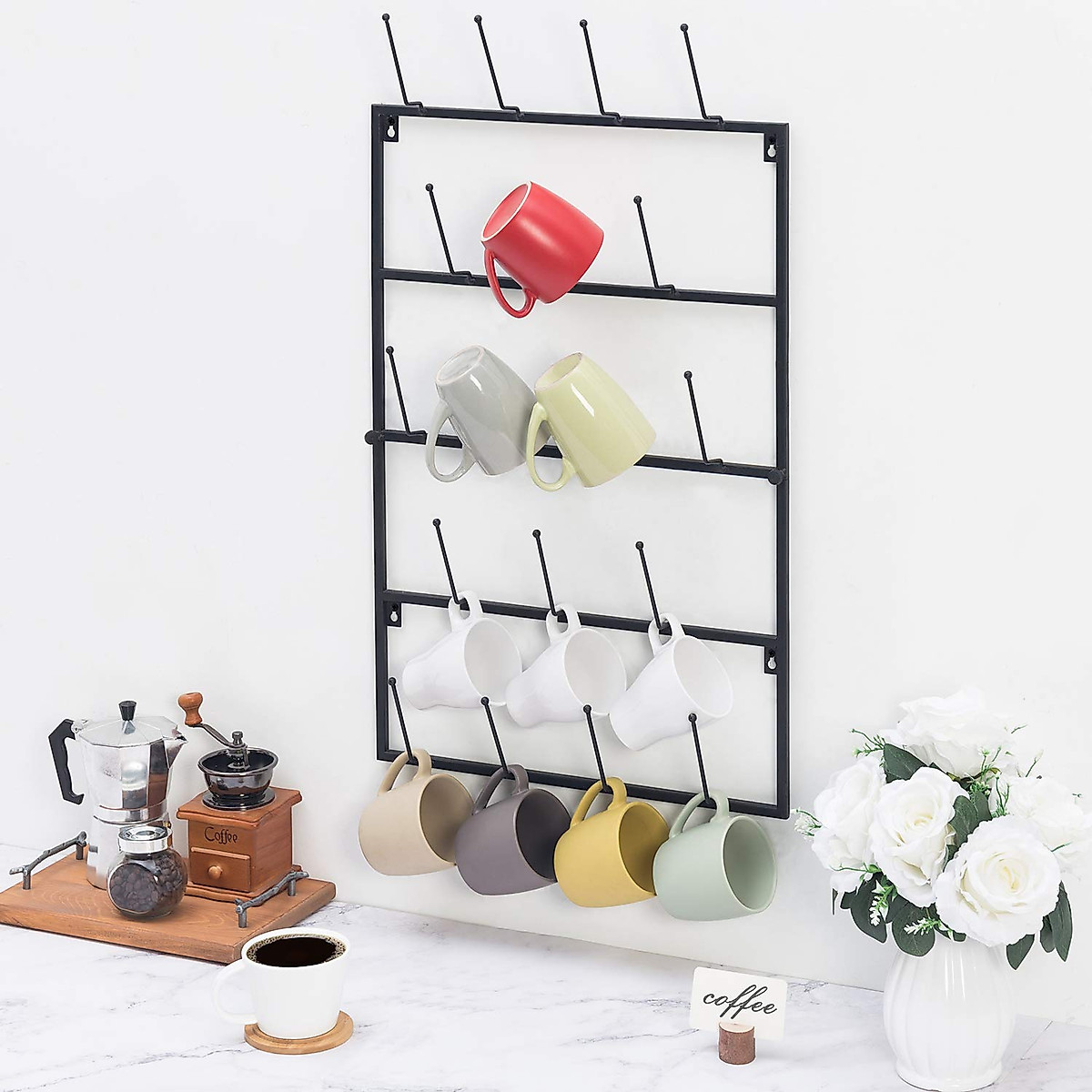 MyGift 5-Tier Black Metal Wall Mounted Kitchen Coffee Mug Rack Cup Holder with 18 Hooks, Farmhouse Style Hanging Display Organizer for Mugs, Tea Cups and Mason Jars