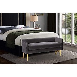 Meridian Furniture Audrey Collection Modern | Contemporary Velvet Upholstered Bench with Sturdy Metal Legs in Gold Finish, 52" W x 19" D x 24" H, Grey