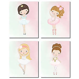 Cute Ballerina Dancer Girl Prints - Bedroom Playroom Wall Art Decor Prints - Set of 4 (8 Inches X 10 Inches) Photos
