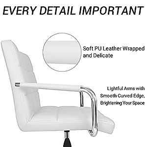 Furmax Mid-Back Office Task Chair Ribbed PU Leather Executive Modern Adjustable Home Desk Retro Comfortable Work Chair 360 Degree Swivel with Arms (White)