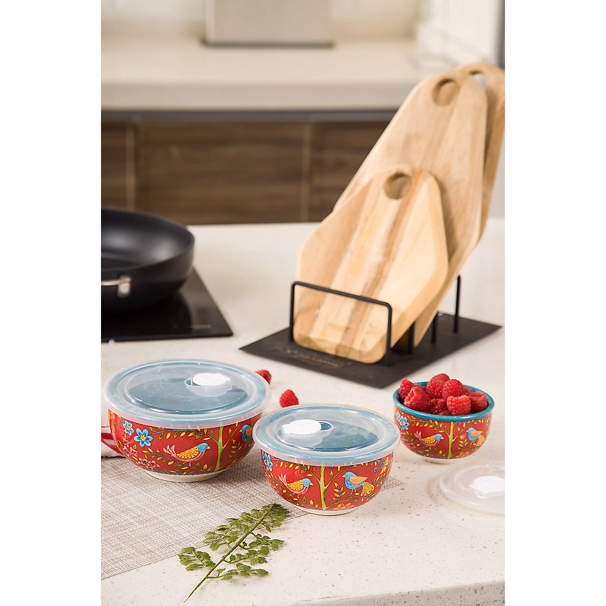 Bico Red Spring Bird Ceramic Bowl with Air Tight Lid Set of 3(27oz, 18oz, 9oz each), Prep bowls, Food Storage Bowl for Salad, Snacks, Fruits, Microwave and Dishwasher Safe