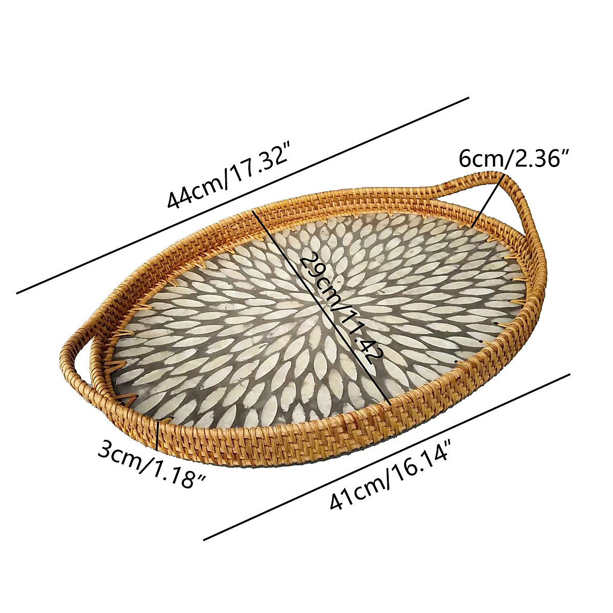 15 Inch Oval Rattan Woven Tray Basket with Beige MOP Wooden Base and Handles, Boho Wicker Coffee Table Serving Tray Décor with 2 Inch Wall, Handmade Display Basket for Countertop, L, I-lan
