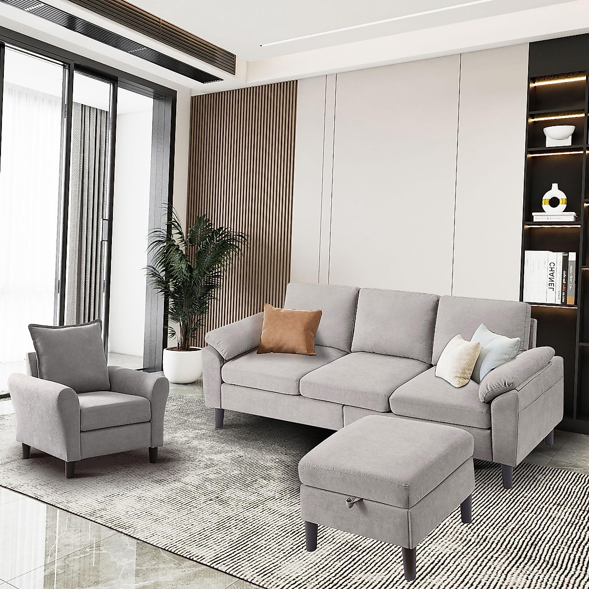 2 Piece Sectional Sofa Set, 3 Seat L Shaped Couches with Reversible Chaise Single Seat Accent Chair Polyester Fibre for Living Room, Light Grey