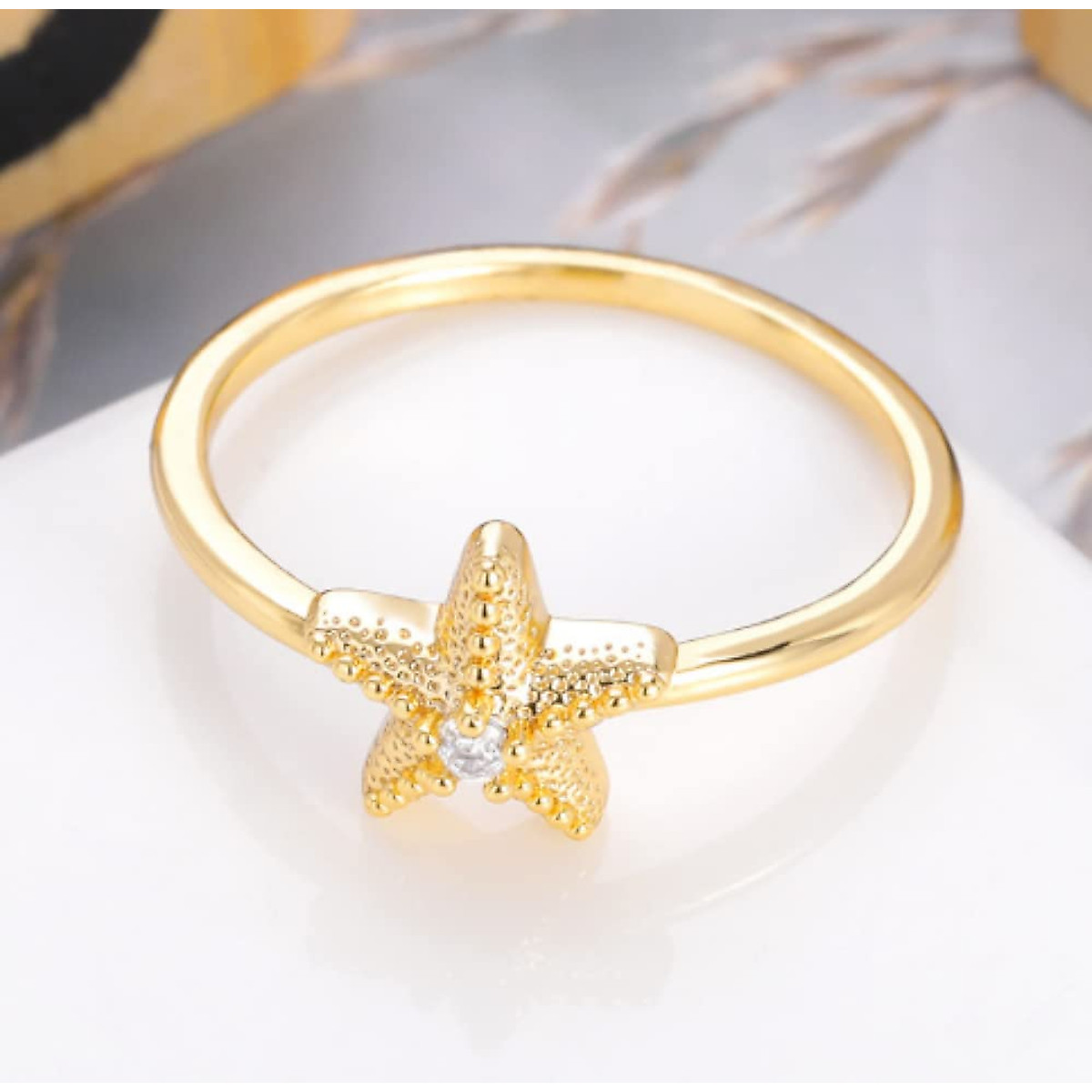 HUKQBUNX 18K Gold Ocean Small Animal Diamond Encrusted Zircon sea Star Five Pointed Star Lady Travel Ocean Navigation Love Precious Gold Wedding Engagement Ring