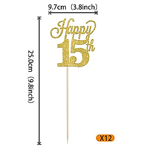 12 Pack Happy 15th Birthday Centerpiece Sticks Glitter Fifteen Cheers to 15 Years Old Table Centerpiece Sticks for 15 Fabulous Birthday Theme Party Supplies Gold