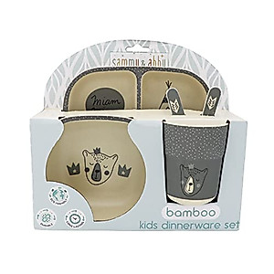 Kids 5 piece Dinnerware Set - Bamboo Toddler Dinner Set - Dishwasher Safe - The Perfect Childrens Dining Set With A Bowl, Plate, Cup And Utensils- Divided Plate Which Is Great For Fussy Eaters