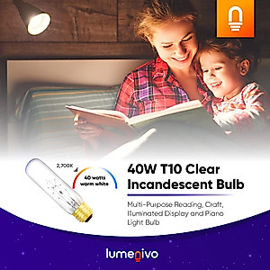 lumenivo Piano Light Bulb 40 watt 120 Volts 一 40T10/CL Light Bulb Display Replacement 一 T10 Bulb Medium Base (E26) 一 280 Lumen Clear Incandescent Bulb for Illuminated Display Units 一 2 Pack