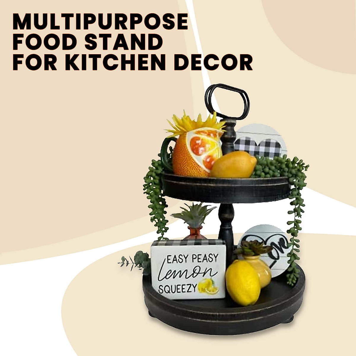 DECORIO Beautiful Tiered Tray Black Slighly Distressed, Two Tiered Wood Decorative Tray - Tiered Tray Stand - Two Tier Tray Tiered Tray Decor - 2 Tier Tray Tiered Serving Tray - Spring Decor 17"