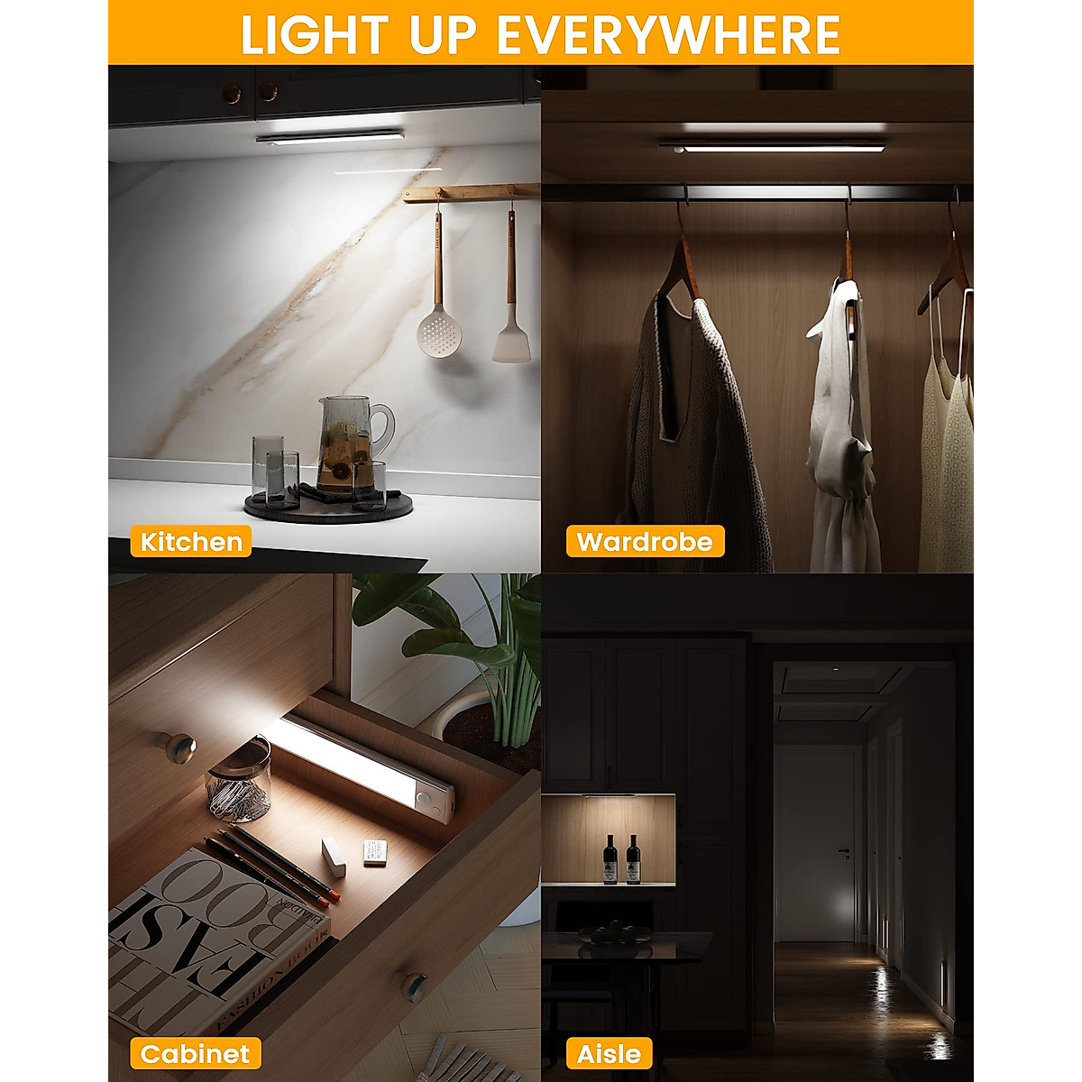 ASOKO Under Cabinet Lights Motion Sensor USB-C Rechargeable LED Closet Lights Battery Operated Wireless Magnetic Light Strip for Kitchen(White,3Pack)