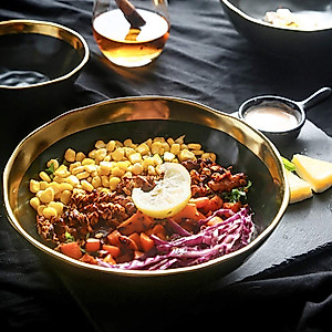 KKGUD Vintage Ceramic Cereal Bowls for Soup Cereal Rice Salad Noodles- Elegant Gold Edged Design, Black, Set of 2 (7.8 inches)