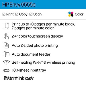 HP Envy 6555e Wireless All-in-One Color Inkjet Printer, Print, scan, Copy, Duplex Printing Best-for-Home, 3 months of Instant Ink included (714N5A)