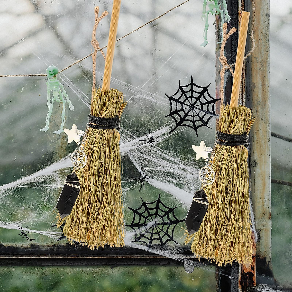 HOMSFOU Decorative Halloween Broom Crystal Witch Broom Mini Halloween Witch Broom Wicca Brush with Crystal Wand for Halloween Healing Wiccan Ritual Decor Khaki Miniature Broom Decor