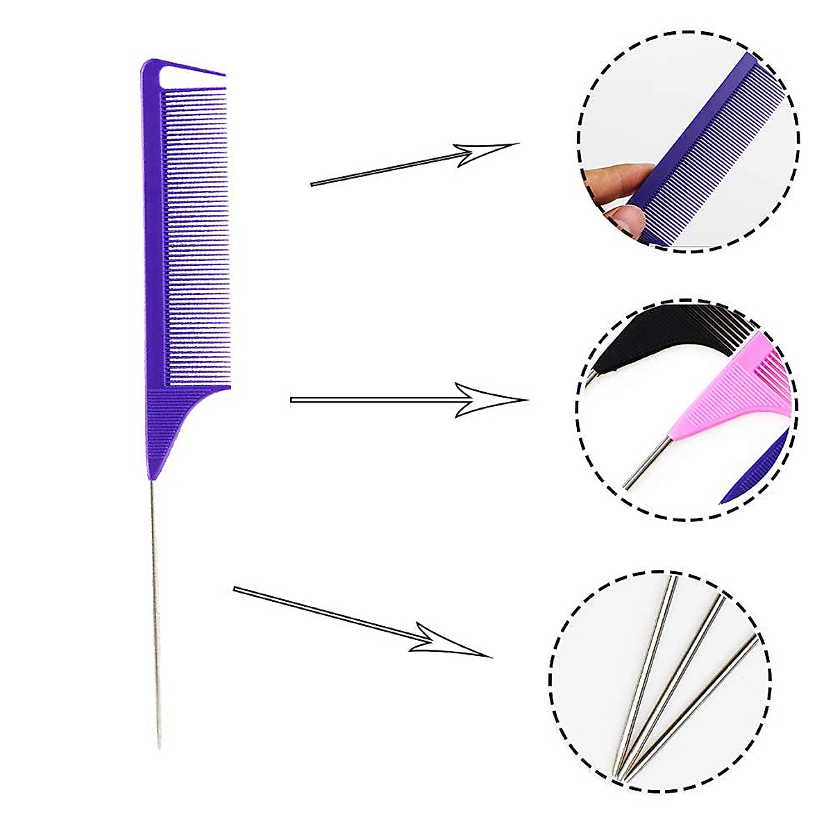 Generic 3 Pack Rat Tail Comb Steel Pin Carbon Fiber Heat Resistant Parting Combs with Stainless Steel Pintail Purple