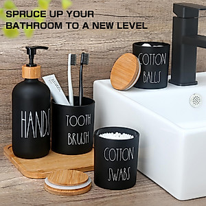 ALPIRIRAL Matte Black Bathroom Accessories Set, 5 Pcs Glass Bathroom Accessory Set with Bamboo Tray, Soap Dispenser and Toothbrush Holder Set, Qtip Holder Set, Farmhouse Boho Bathroom Set Complete