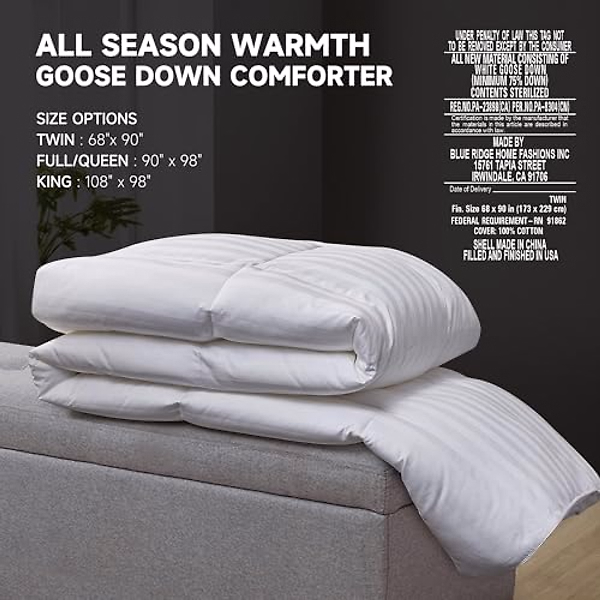 Beautyrest Hungarian White Goose Down Comforter, US Grown Cotton Fabric Goose Down Comforter, 750 Fill Power Fluffy Duvet Insert, 500 Thread Count All Seasons Warmth 5-Star Luxurious Comforters