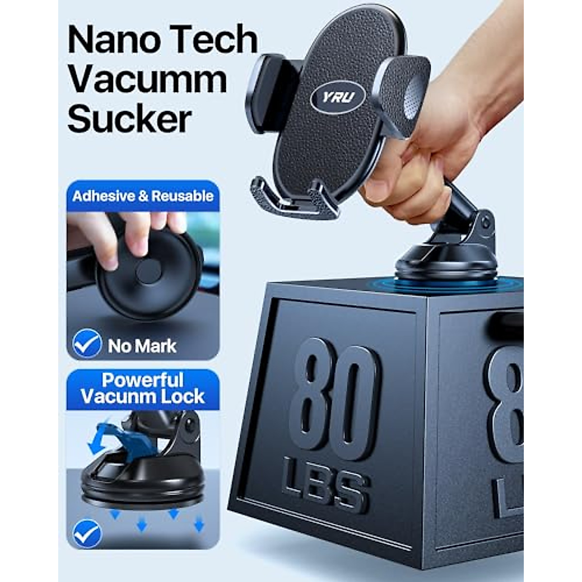 YRU [2024 Upgraded] Universal Car Phone Holder Mount【 360° Rotatable &Strong Suction】 Cell Phone Holder for Car Dashboard Windshield Phone Holder Dash Stand for iPhone 15 14 13 Samsung Truck, Black