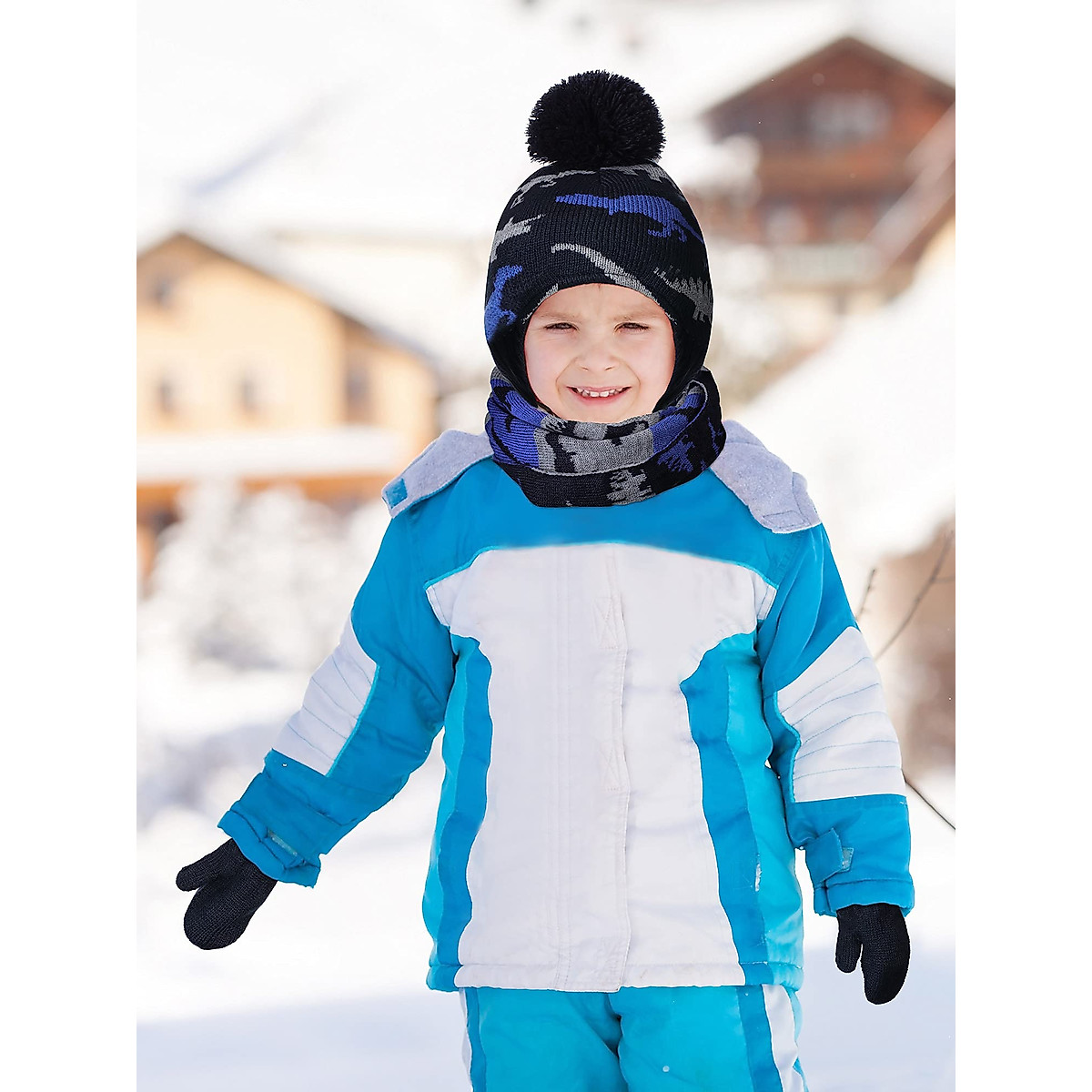 Baby Boy Hat Scarf Mittens Set Winter Warm Hat Knitted Beanie Gloves Toddler Fleece Mittens Earflaps (Navy Blue, Grey, Light Blue, 4-5 Years)